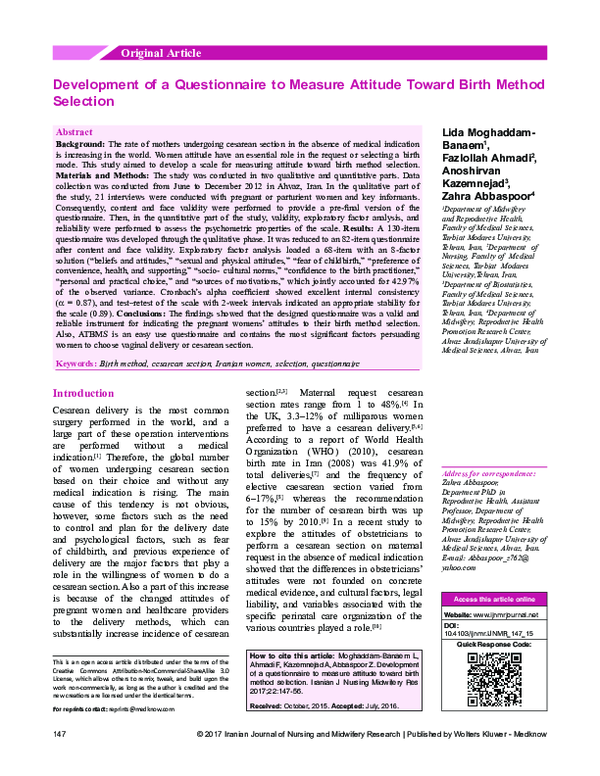 (PDF) Development of a questionnaire to measure attitude toward birth ...
