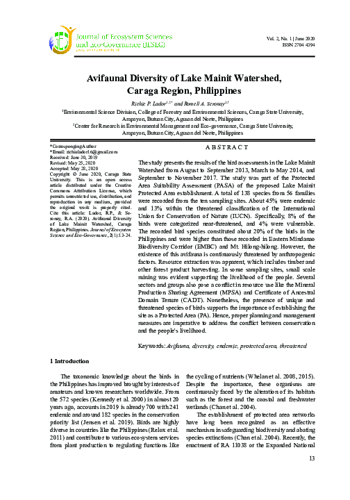 (PDF) Avifaunal Diversity of Lake Mainit Watershed, Caraga Region ...