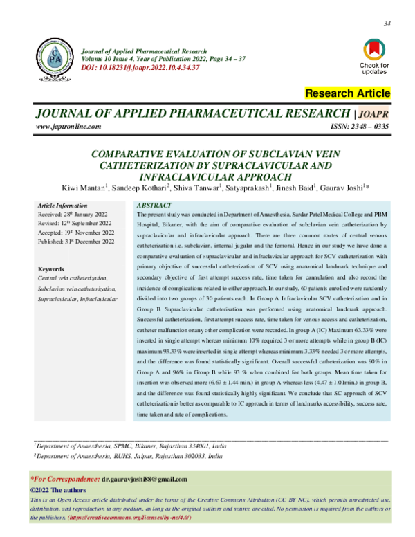 Pdf Comparative Evaluation Of Subclavian Vein Catheterization By