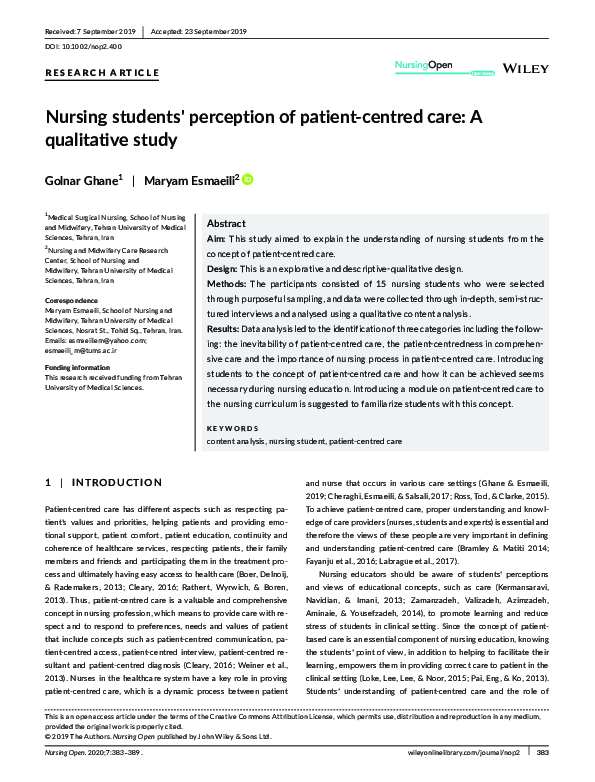 (PDF) Nursing students' perception of patient‐centred care: A qualitative study