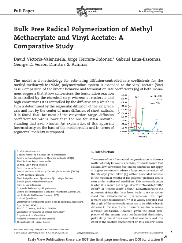 (PDF) Bulk Free Radical Polymerization of Methyl Methacrylate and Vinyl ...