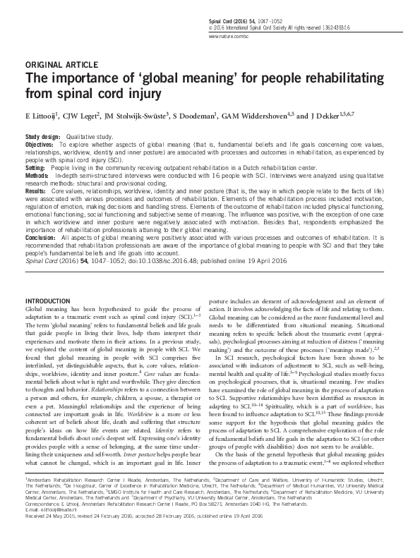 (PDF) The importance of ‘global meaning’ for people rehabilitating from ...