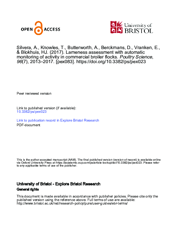 (PDF) Lameness assessment with automatic monitoring of activity in commercial broiler flocks
