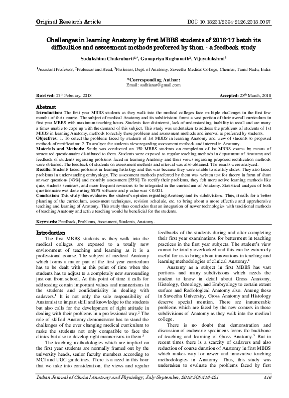 (PDF) Challenges in learning Anatomy by first MBBS students of 2016-17 ...