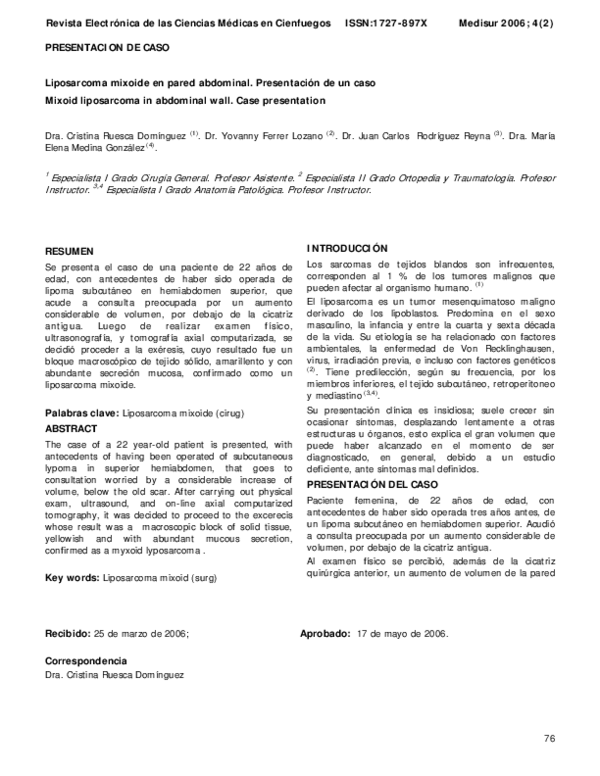 (PDF) Liposarcoma mixoide en pared abdominal. Presentación de un caso