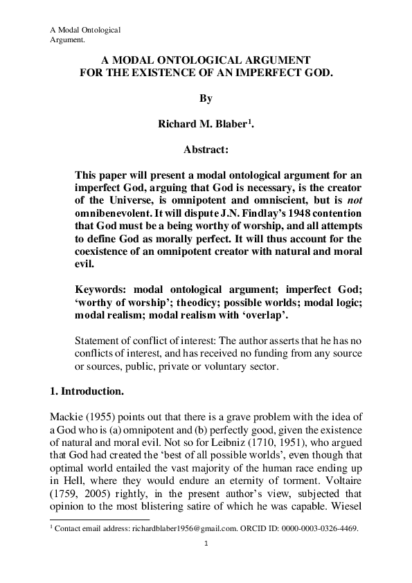(PDF) A Modal Ontological Argument for the Existence of an Imperfect God