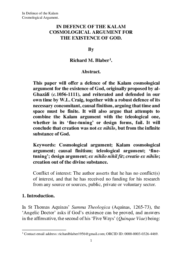(PDF) In Defence of the Kalam Cosmological Argument for the Existence ...