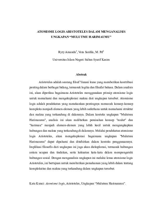 (PDF) ATOMISME LOGIS ARISTOTELES DALAM MENGANALISIS UNGKAPAN "MULUTMU ...