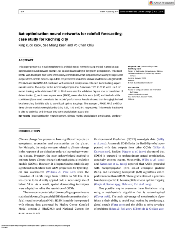 (PDF) Bat optimisation neural networks for rainfall forecasting: case study for Kuching city ...