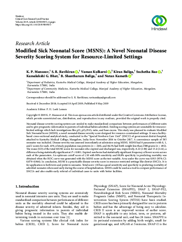 (PDF) Modified Sick Neonatal Score (MSNS): A Novel Neonatal Disease ...