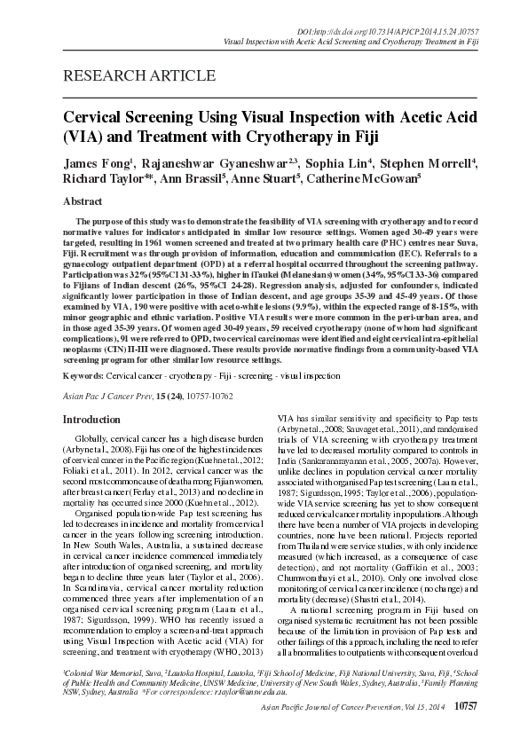 (PDF) Cervical Screening Using Visual Inspection with Acetic Acid (VIA ...
