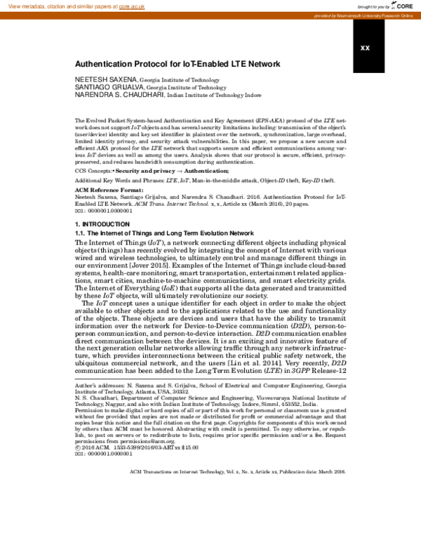 (PDF) Authentication Protocol for an IoT-Enabled LTE Network