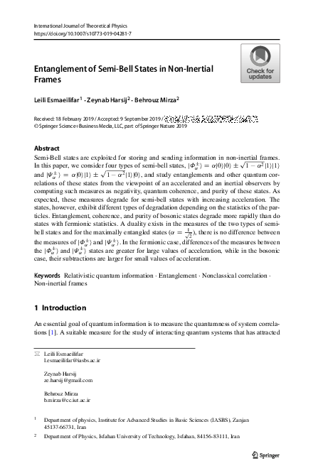 (PDF) Entanglement of Semi-Bell States in Non-Inertial Frames