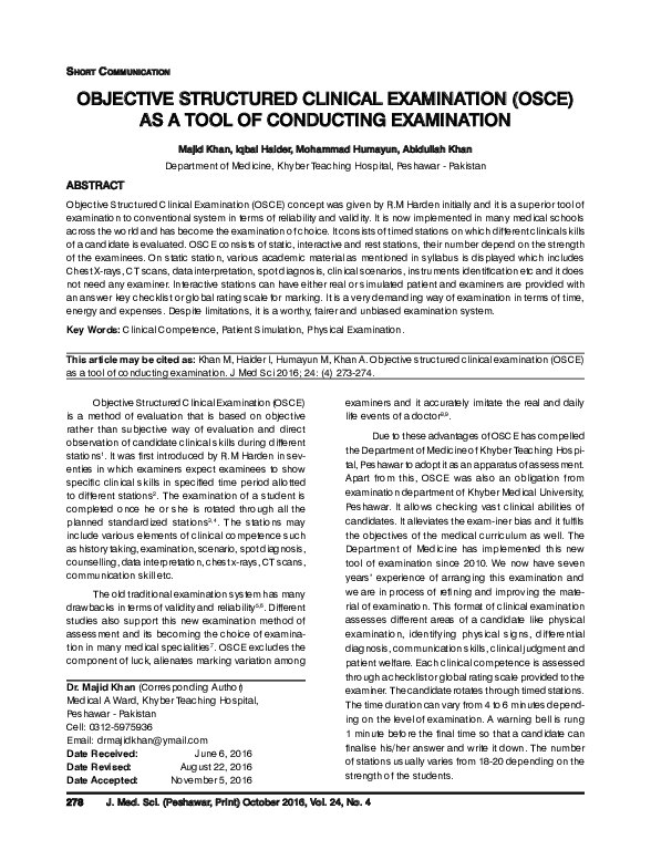 (PDF) Objective Structured Clinical Examination (Osce) as a Tool of ...