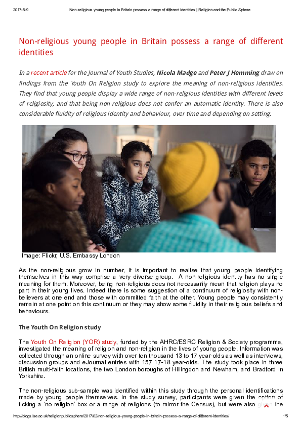 (PDF) Non-religious young people in Britain possess a range of identities