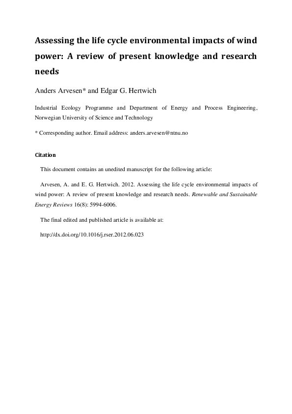 (PDF) Assessing the life cycle environmental impacts of wind power: A ...