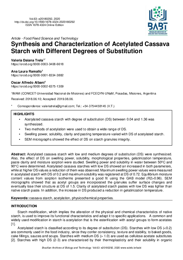 (PDF) Synthesis and Characterization of Acetylated Cassava Starch with Different Degrees of ...