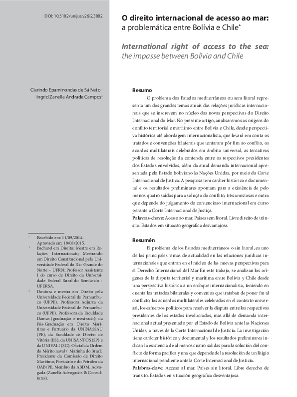 (PDF) O direito internacional de acesso ao mar: a problemática entre Bolívia e Chile