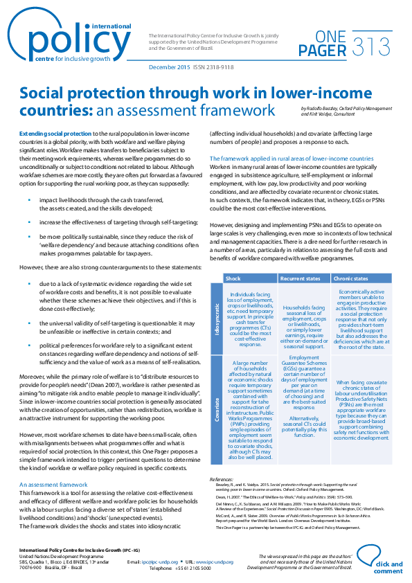 (PDF) Social protection through work in lower-income countries: an assessment framework