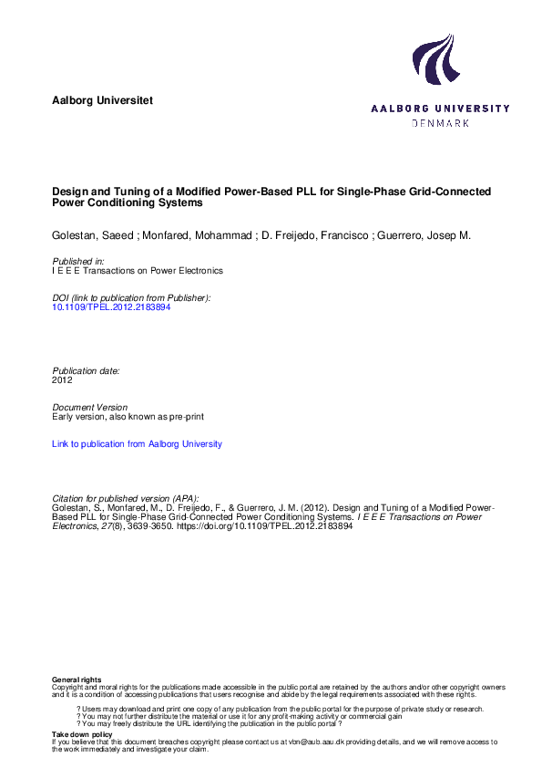 Pdf Design And Tuning Of A Modified Power Based Pll For Single Phase Grid Connected Power