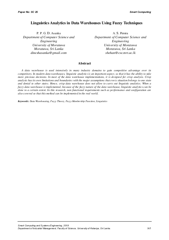 (PDF) Linguistics Analytics in Data Warehouses Using Fuzzy Techniques | Dinesh Asanka - Academia.edu