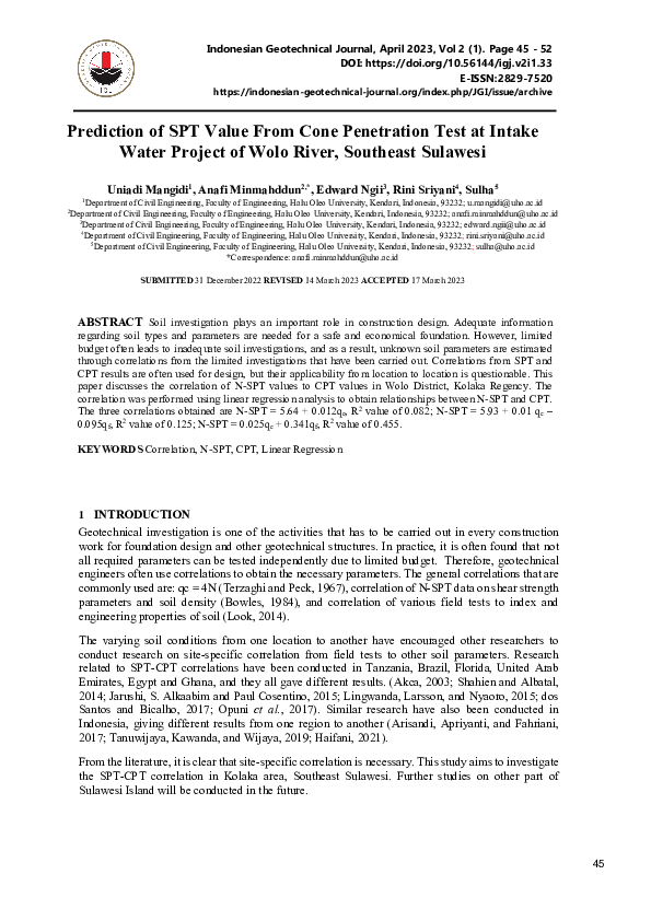 (PDF) Prediction of SPT Value Based on Cone Penetration Test at Intake ...