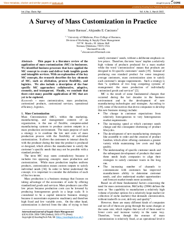 (PDF) A Survey of Mass Customization in Practice