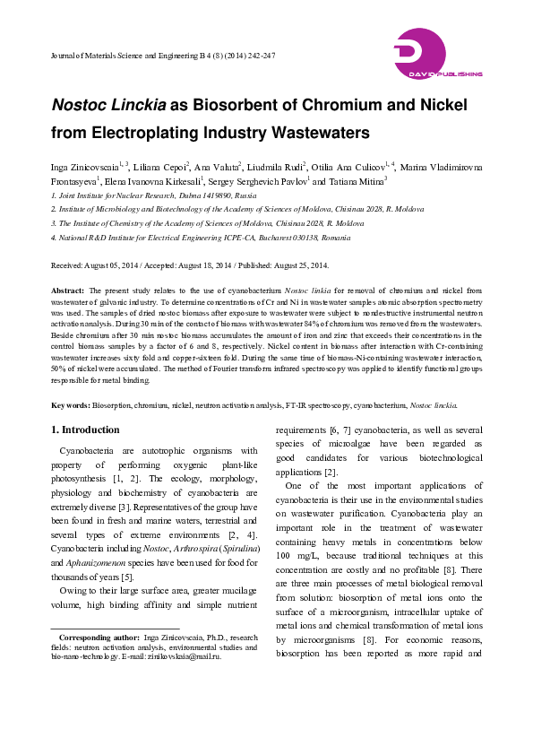 (PDF) Nostoc Linckia as Biosorbent of Chromium and Nickel from ...