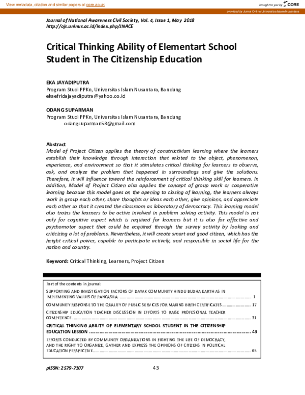 (PDF) Critical Thinking Ability of Elementart School Student in The ...