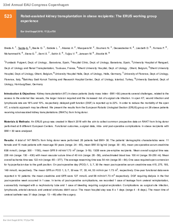 (PDF) Robot-assisted kidney transplantation in the obese: Result at 2 ...