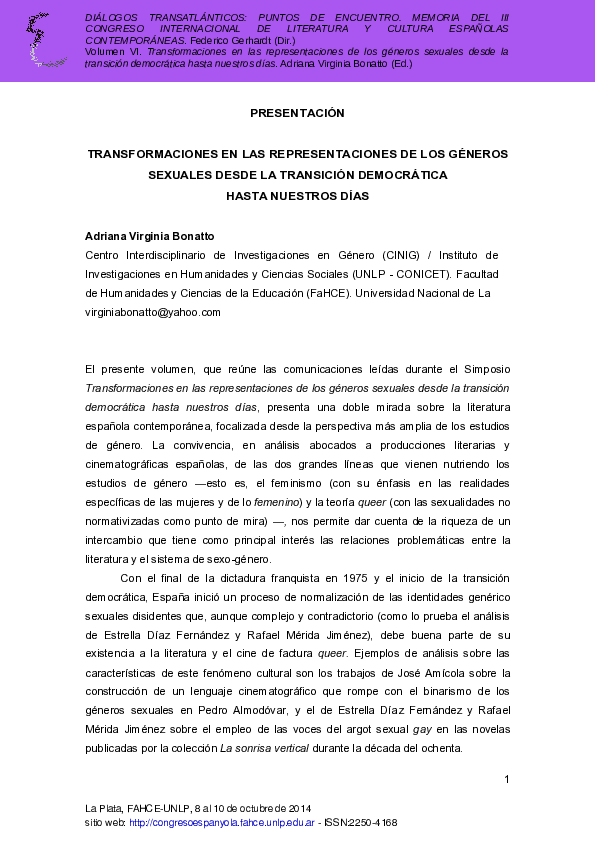 (PDF) Presentación: Transformaciones en las representaciones de los géneros sexuales desde la ...