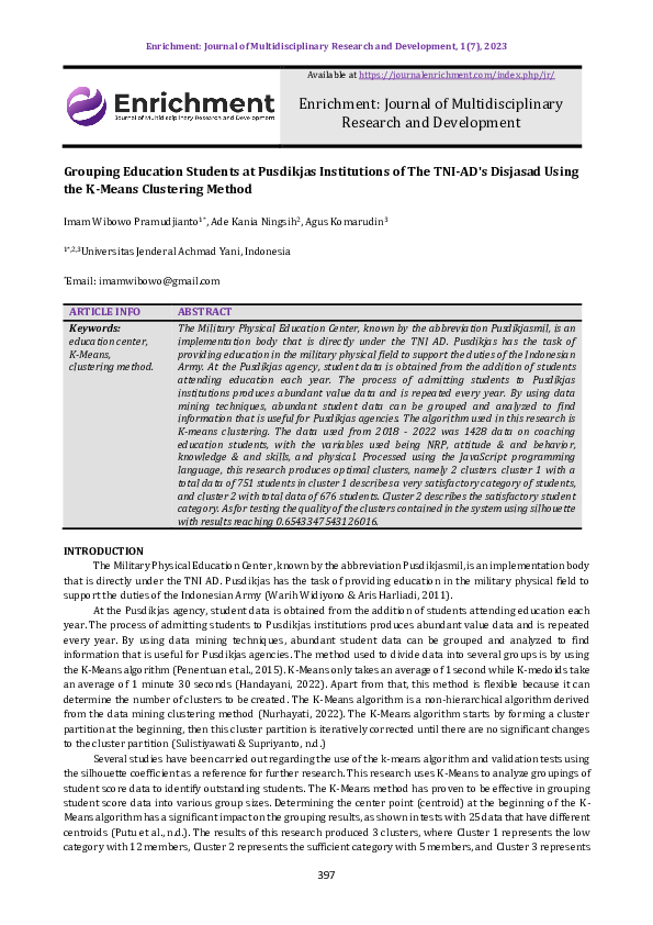 (PDF) Grouping Education Students at Pusdikjas Institutions of The TNI ...