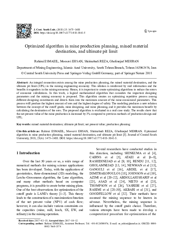 (PDF) Optimized algorithm in mine production planning, mined material destination, and ultimate ...