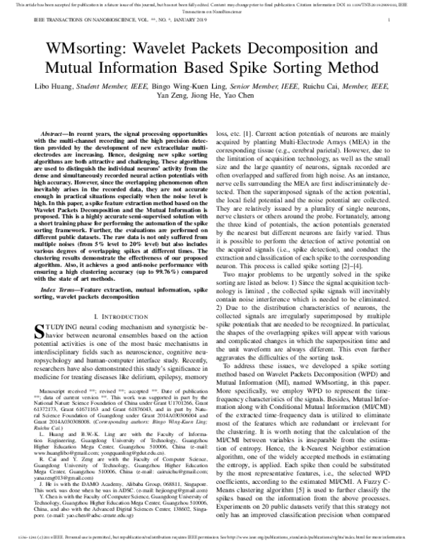 (PDF) WMsorting: Wavelet Packets’ Decomposition and Mutual Information-Based Spike Sorting Method