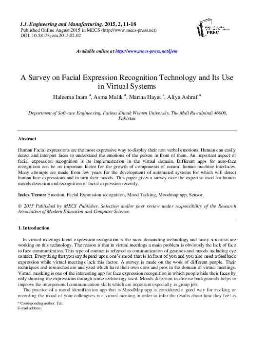 (PDF) A Survey on Facial Expression Recognition Technology and Its Use in Virtual Systems | Asma ...