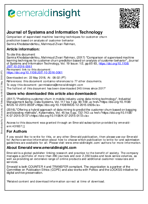 Pdf Comparison Of Supervised Machine Learning Techniques For Customer Churn Prediction Based