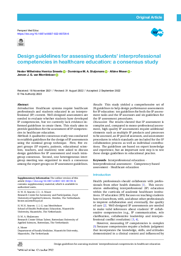 (PDF) Design guidelines for assessing students’ interprofessional competencies in healthcare ...