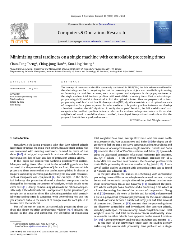 (PDF) Minimizing total tardiness on a single machine with controllable processing times