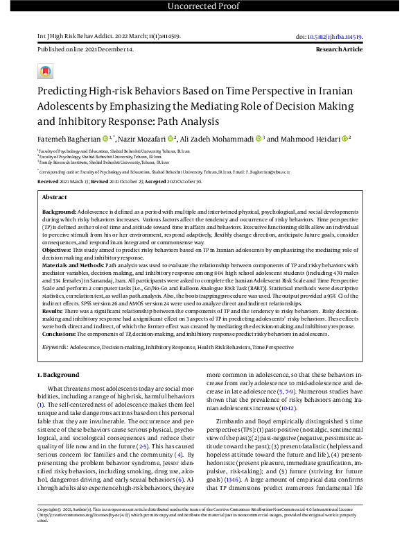 (PDF) Predicting High-risk Behaviors Based on Time Perspective in Iranian Adolescents by ...