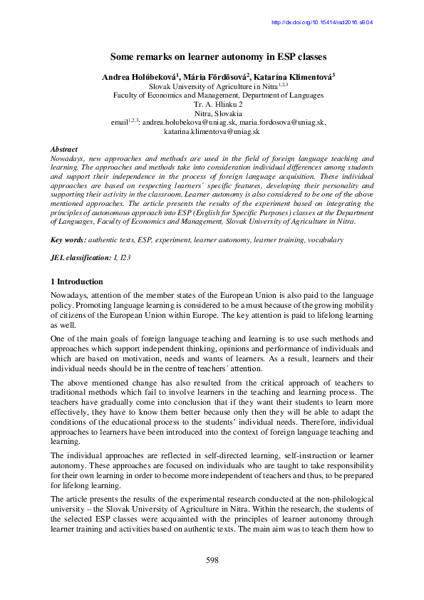 (PDF) Some remarks on learner autonomy in Esp classes