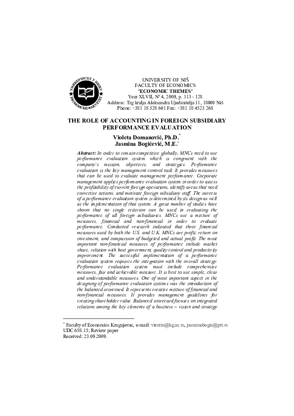(PDF) The Role of Accounting in Foreign Subsidiary Performance Evaluation