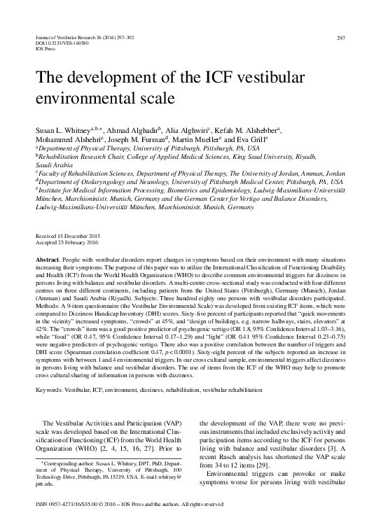 (PDF) The development of the ICF vestibular environmental scale