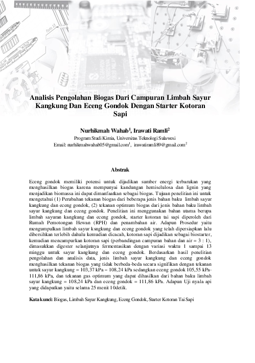 (PDF) Analisis Pengolahan Biogas Dari Campuran Limbah Sayur Kangkung ...