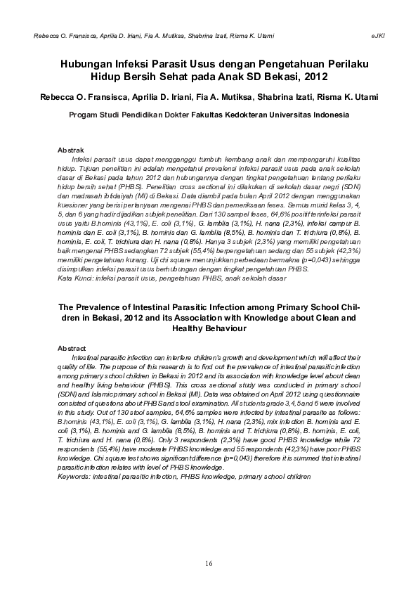 (PDF) Hubungan Infeksi Parasit Usus dengan Pengetahuan Perilaku Hidup ...