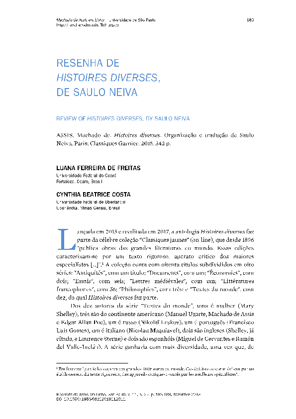 (PDF) Resenha De Histoires Diverses, De Saulo Neiva
