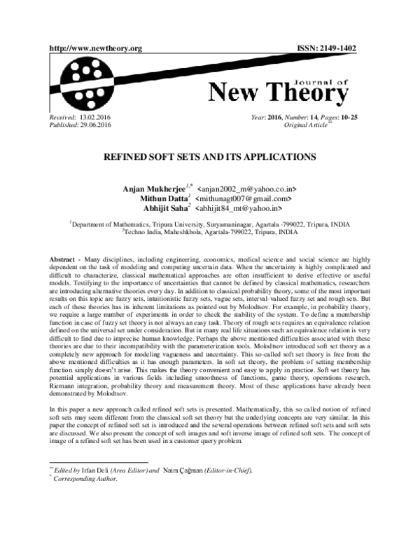 (PDF) Refined Soft Sets and Its Applications | Anjan Mukherjee - Academia.edu