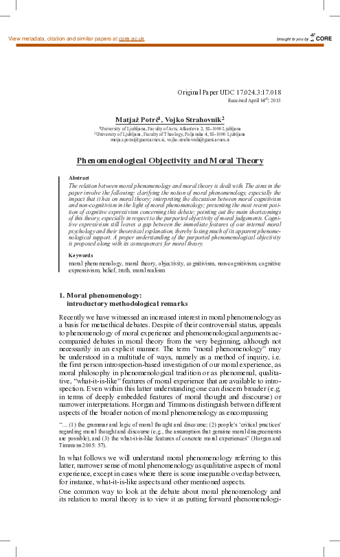 (PDF) Phenomenological Objectivity and Moral Theory