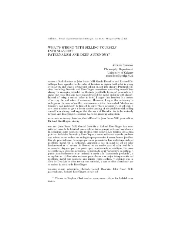 (PDF) What's Wrong with Selling Yourself into Slavery? Paternalism and ...