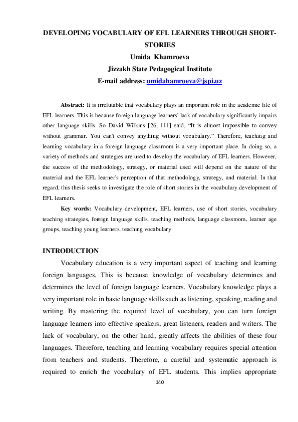 (PDF) DEVELOPING VOCABULARY OF EFL LEARNERS THROUGH SHORT-STORIES