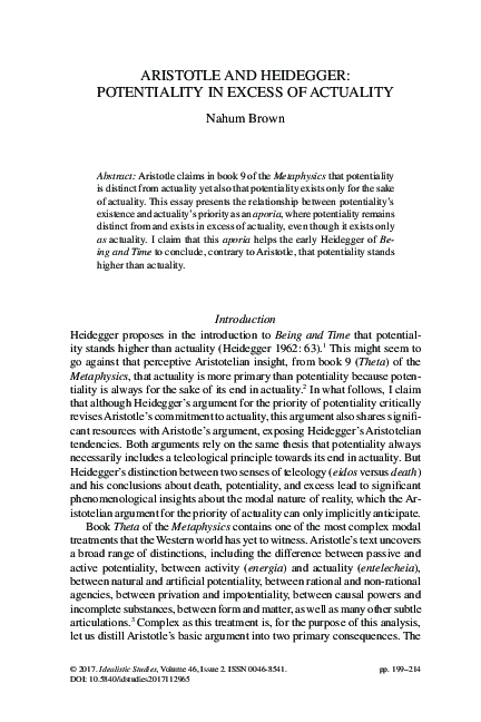 (PDF) ARISTOTLE AND HEIDEGGER: POTENTIALITY IN EXCESS OF ACTUALITY